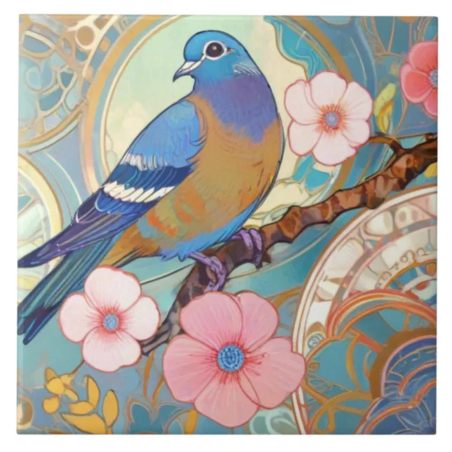 Blue Pigeon Bird Pink Floral Spring Flowers Aqua Tile | Zazzle