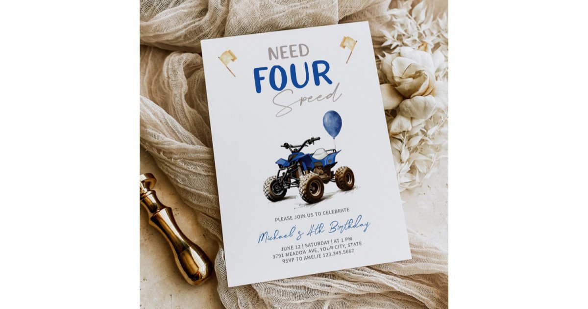Blue Quad Bike 4th Birthday Invitation | Zazzle