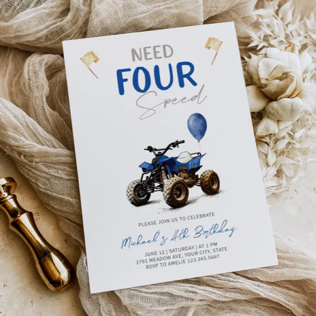 Blue Quad Bike 4th Birthday Invitation | Zazzle