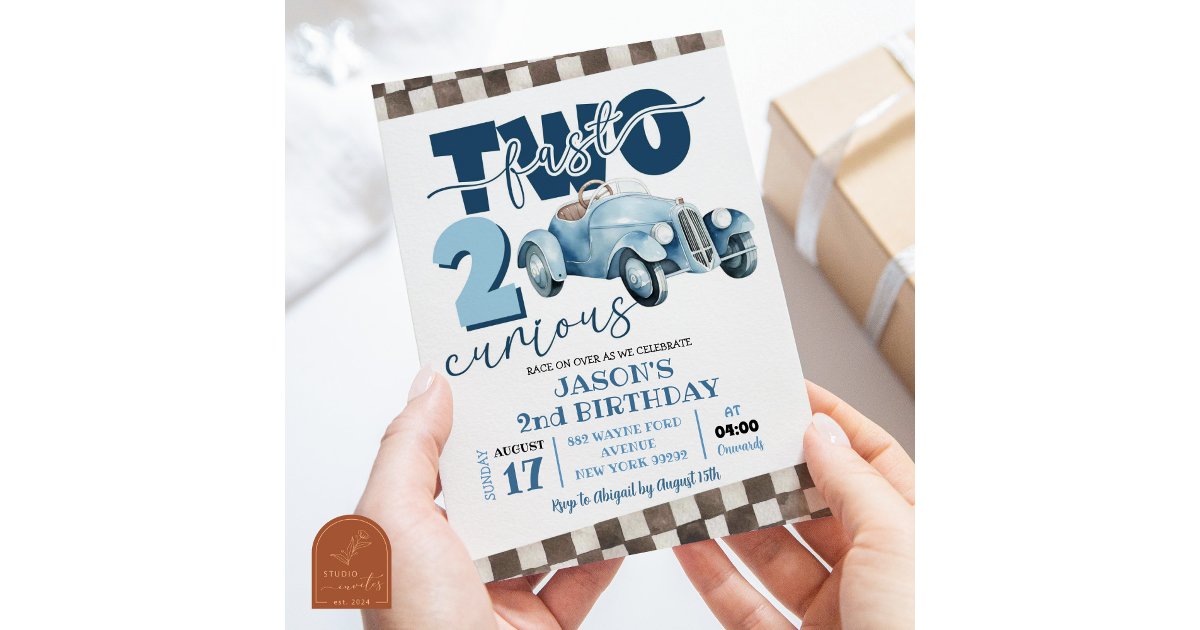Blue Racing Car Two Fast Two Curious 2nd Birthday Invitation | Zazzle