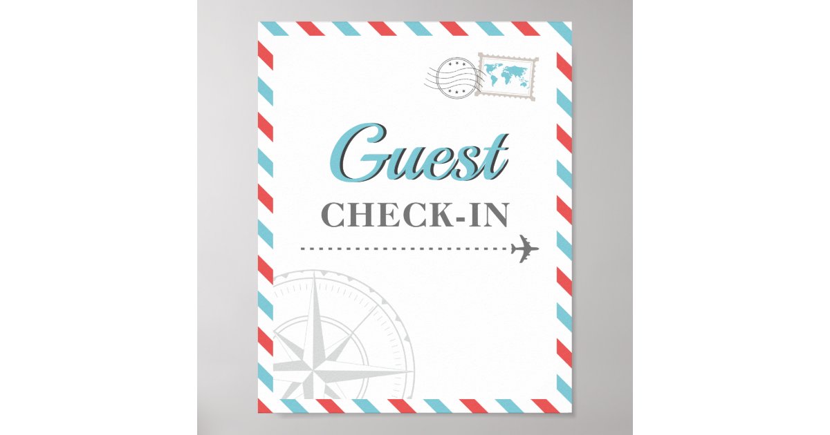 Blue Red Travel Aeroplane Guest Check-in Welcome Poster | Zazzle