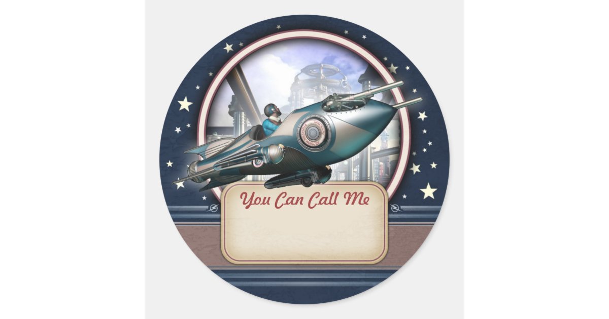 Blue Retro Rocket Name Tag Stickers | Zazzle