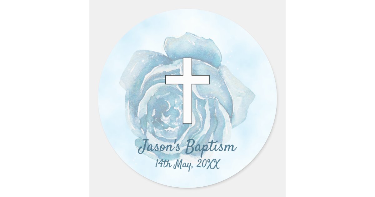 Blue rose sparkle boy Baptism Classic Round Sticker | Zazzle
