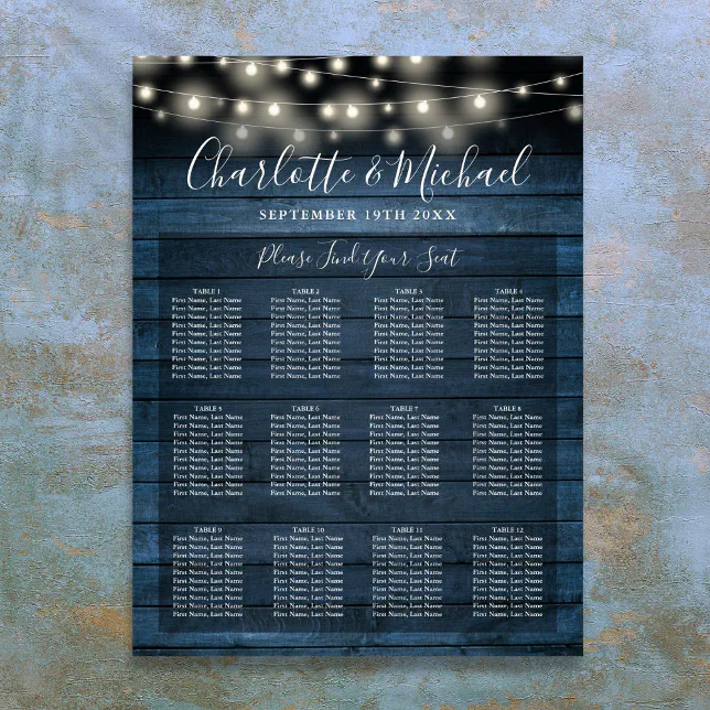 Blue Rustic String Lights Wedding Seating Chart | Zazzle