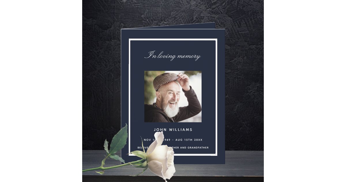 Blue silver photo elegant funeral program thank you card | Zazzle