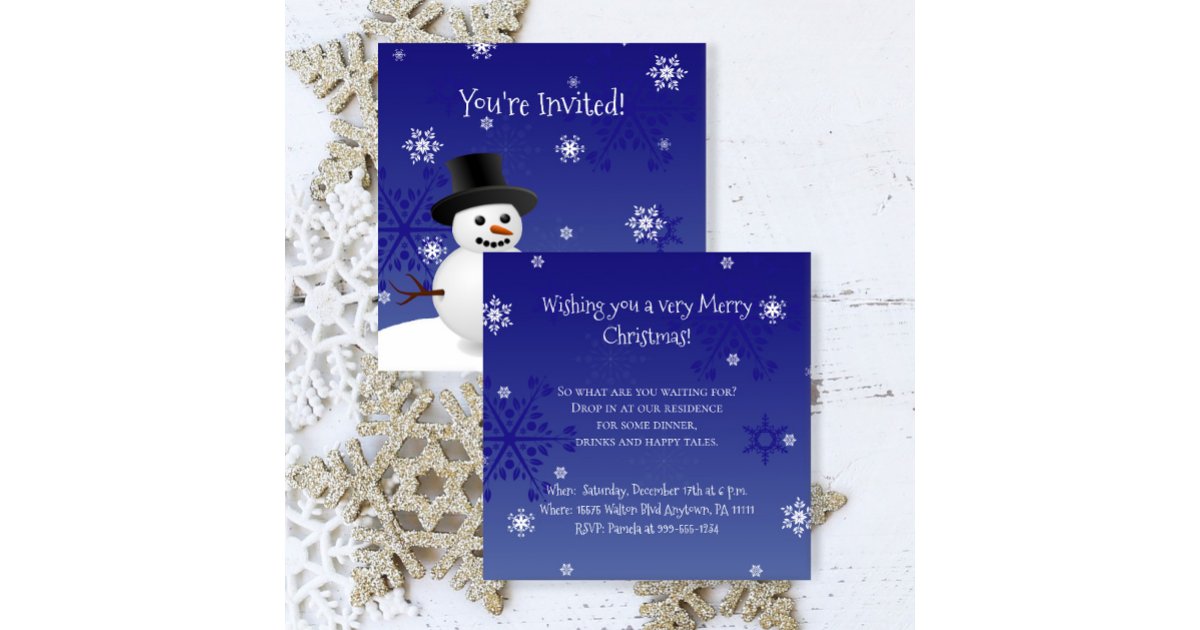 Blue Snowman Winter Scene Christmas Party Invitation | Zazzle