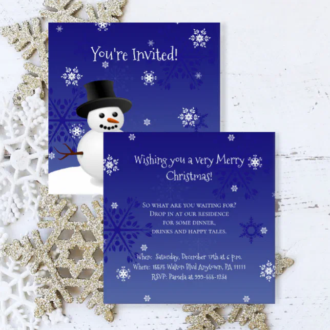 Blue Snowman Winter Scene Christmas Party Invitation | Zazzle