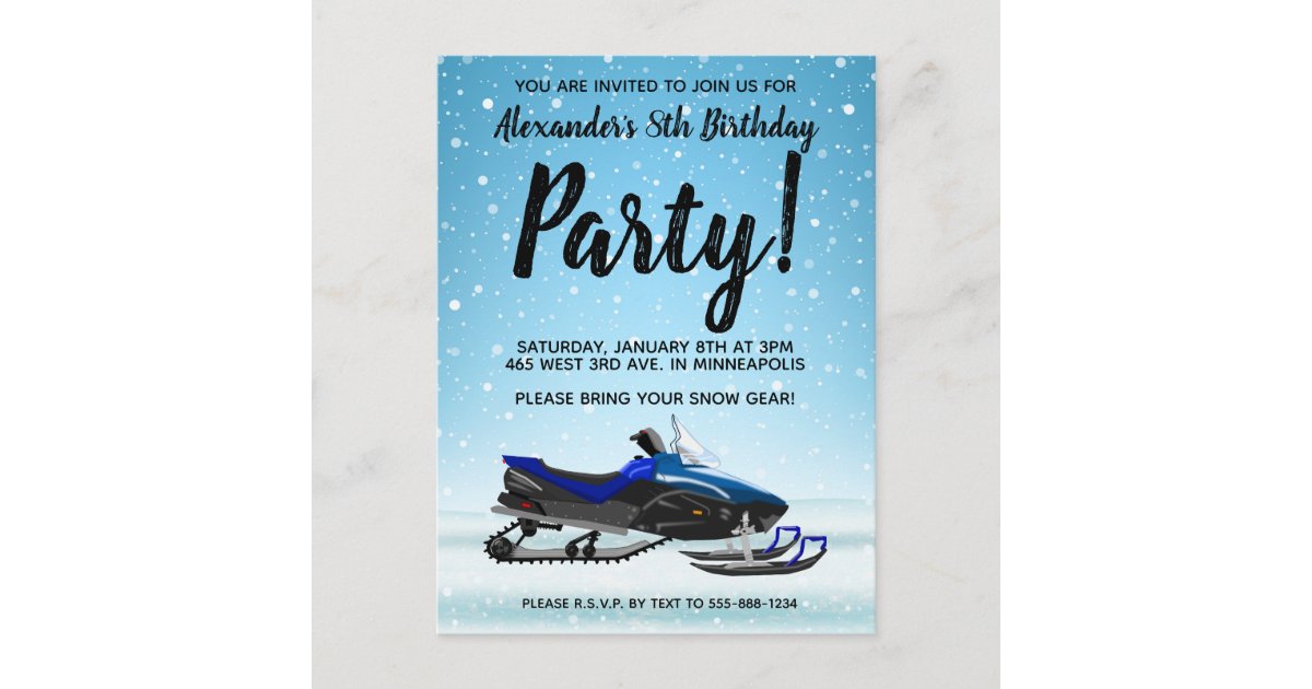 Blue Snowmobile Winter Birthday Party Postcard | Zazzle