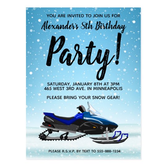 Blue Snowmobile Winter Birthday Party Postcard | Zazzle.co.uk