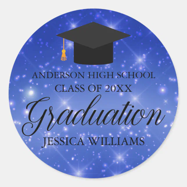 Blue Sparkle Graduate Custom Graduation Party Classic Round Sticker ...