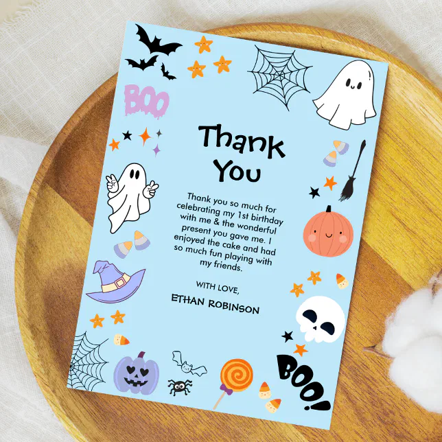 Blue Spooky One Cute Ghost Halloween 1st Birthday Thank You Card | Zazzle