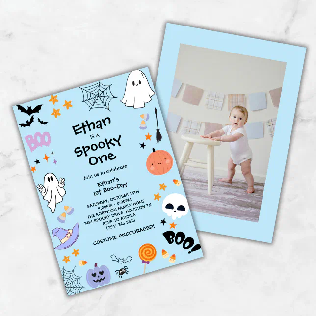 Blue Spooky One Cute Photo Halloween 1st Birthday Invitation | Zazzle