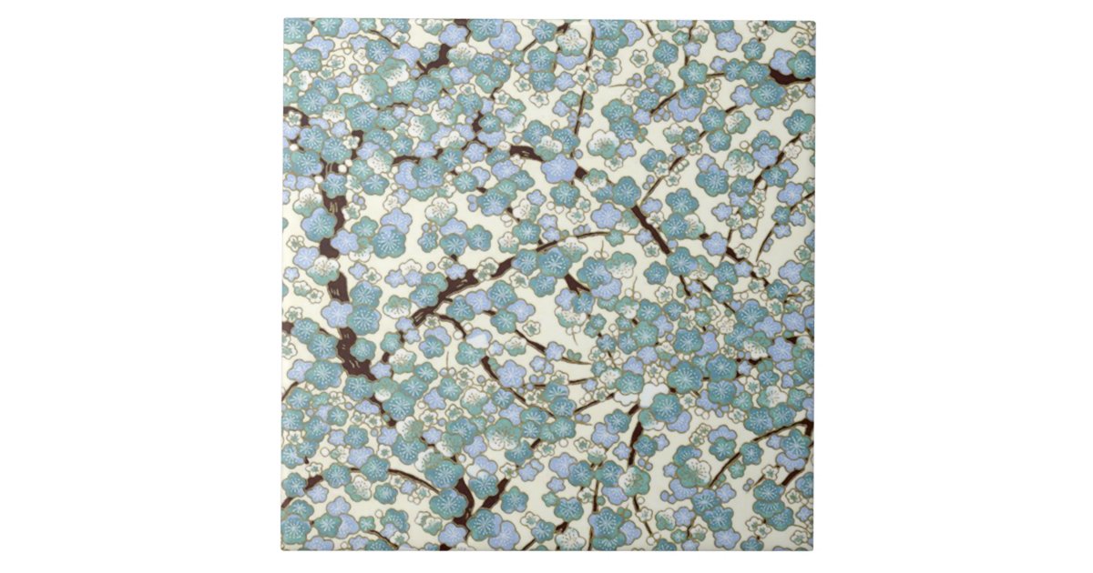 Blue Teal Sakura Fine Vintage Japanese Floral Tile | Zazzle