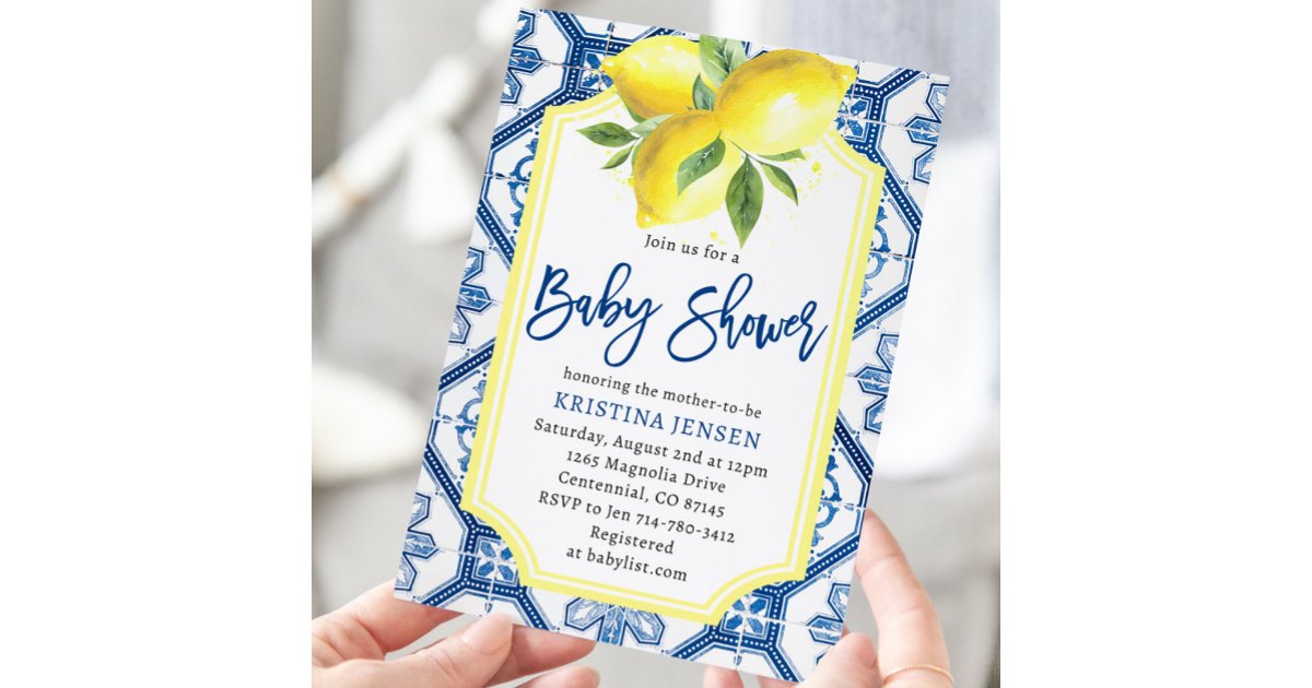 Blue Tiles Lemons Capri Baby Shower Invitation | Zazzle