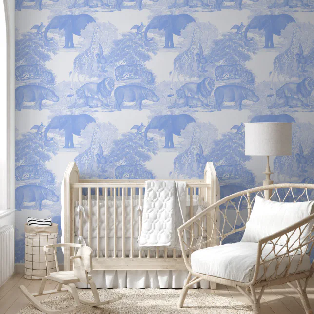 Blue Toile Jungle Animals Safari Chinoiserie Boy Wallpaper | Zazzle