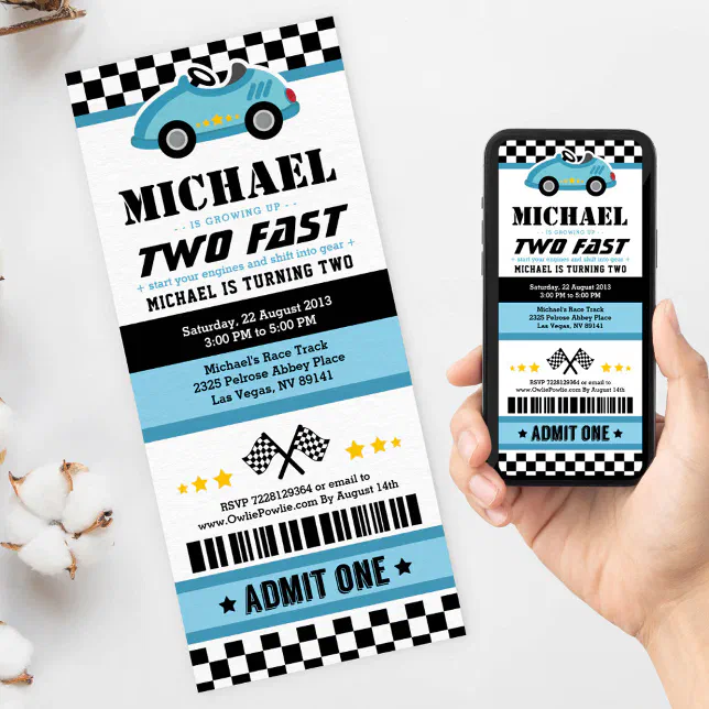 Blue Two Fast Race Car Ticket Pass Second Birthday Invitation | Zazzle