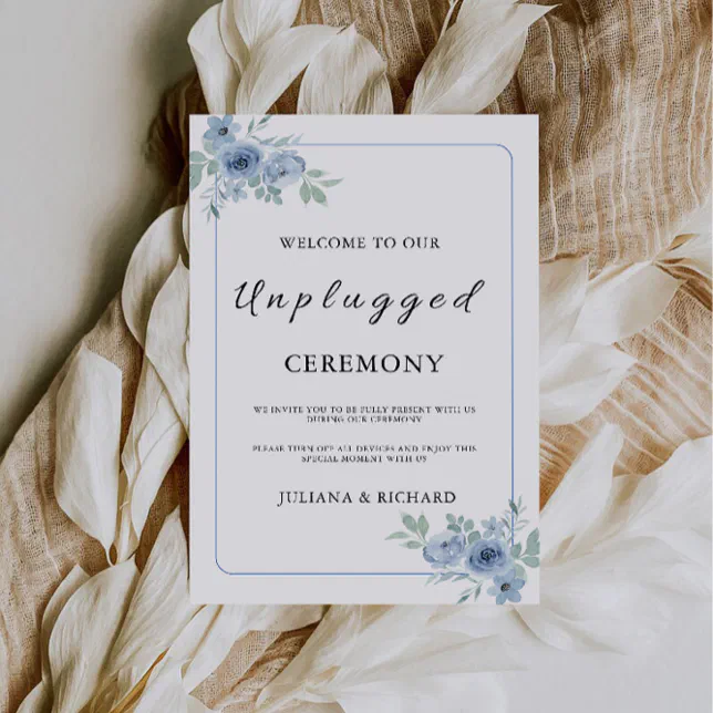 Blue Unplugged Ceremony Wedding Sign, Invitation | Zazzle