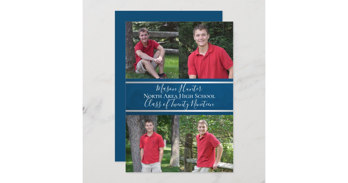 Blue Varsity Quad Photo Graduation Invitation | Zazzle