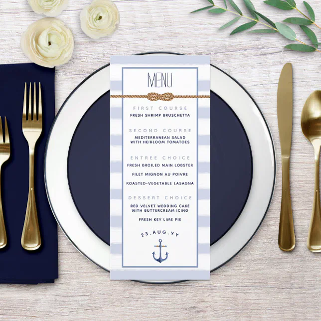 Blue White Stripe ♾ Infinity Knot Nautical Wedding Menu | Zazzle
