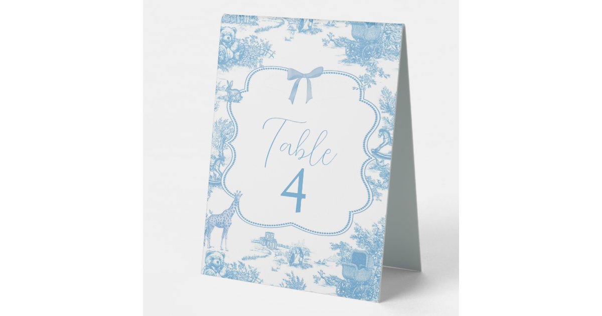 Blue White Toile de Jouy Bear Giraffe Table Number | Zazzle