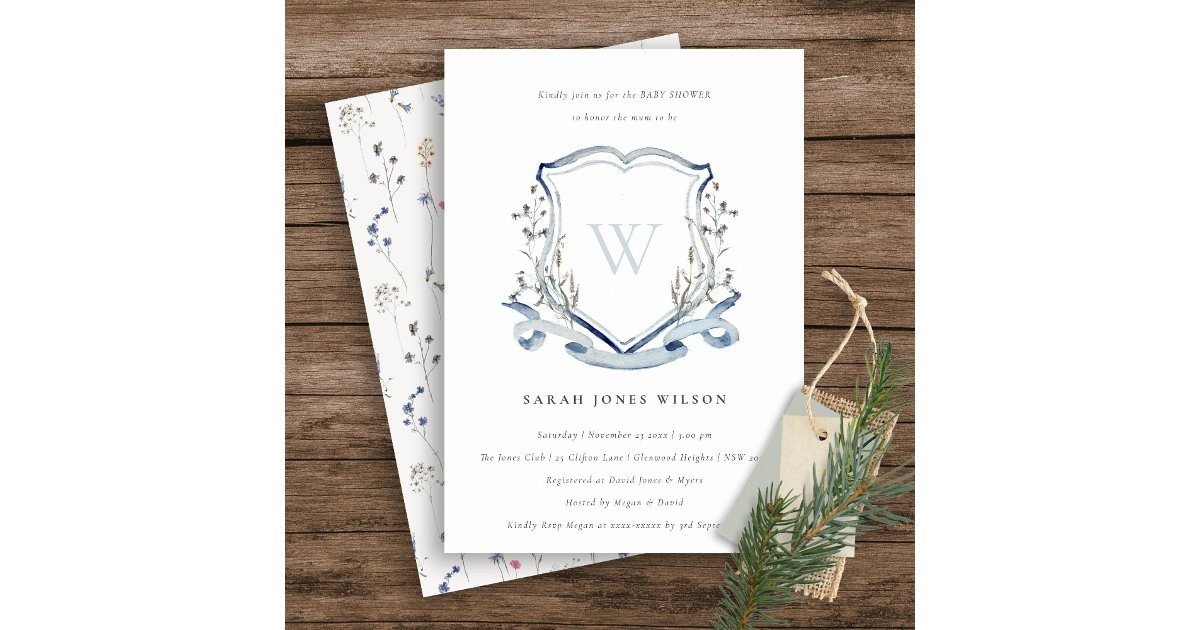 Blue Wildflower Monogram Crest Baby Shower Invitation | Zazzle