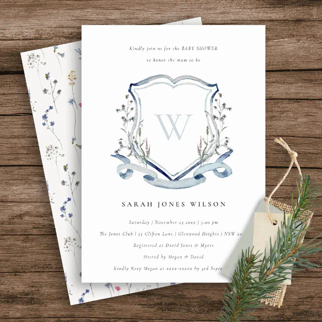 Blue Wildflower Monogram Crest Baby Shower Invitation | Zazzle