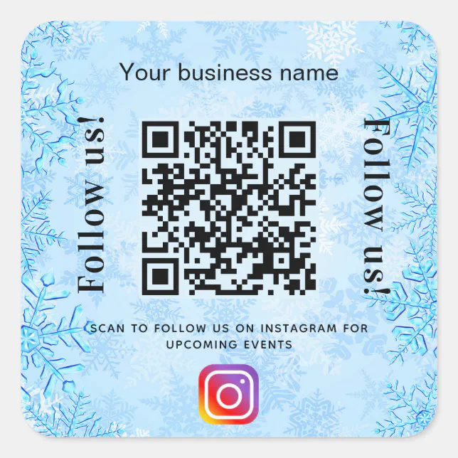 Blue winter business name qr code instagram square sticker | Zazzle