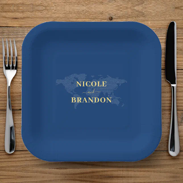 Blue World Map Destination Wedding Paper Plate | Zazzle
