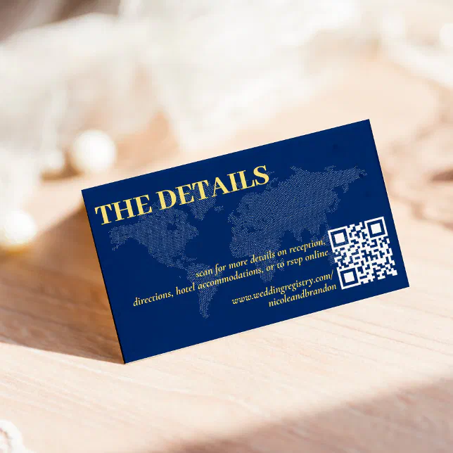 Blue World Map QR Code Wedding Details Enclosure Card | Zazzle