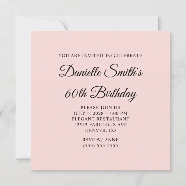 Blush and Black Elegant Script 60th Birthday Invitation | Zazzle