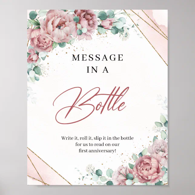 Blush floral greenery gold Message in a Bottle Poster | Zazzle