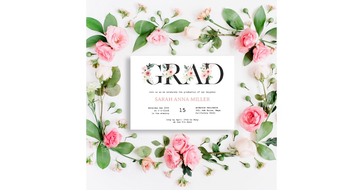 Blush Floral Letters Graduation Invitation | Zazzle