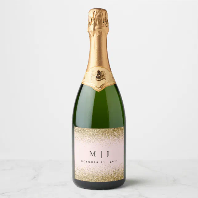Blush Pink and Gold Glitter Wedding Sparkling Wine Label | Zazzle
