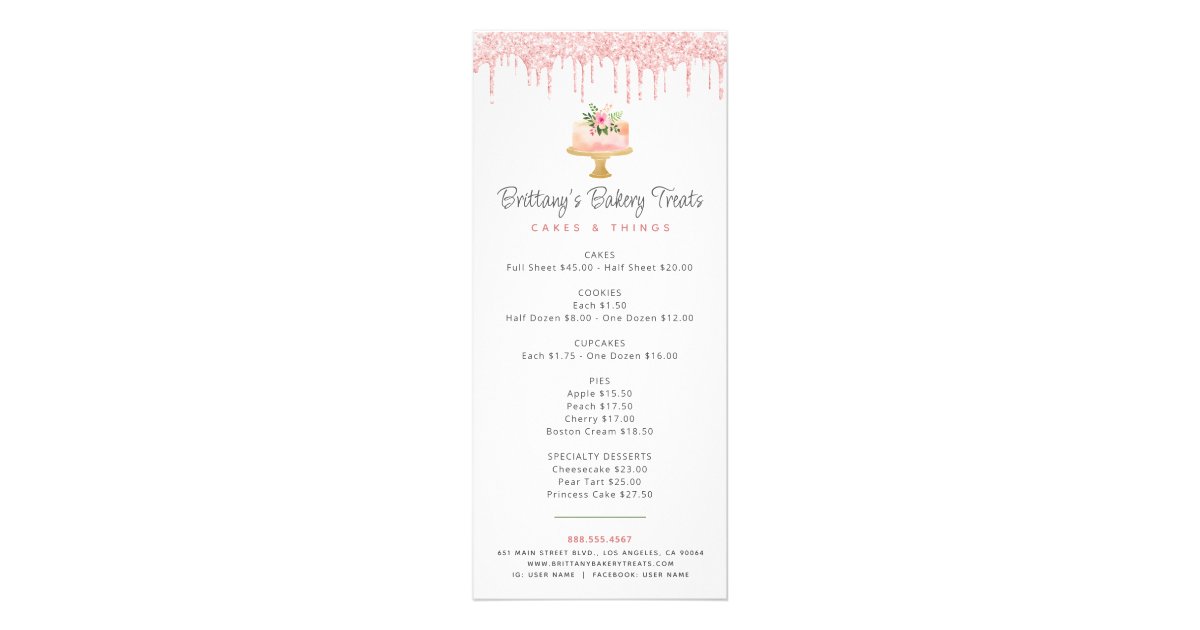 Blush Pink Cake Bakery Glitter Pastry Chef Menu | Zazzle