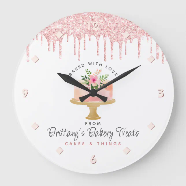 Blush Pink Cake Glitter Drips Menu Price List Chic Large Clock | Zazzle