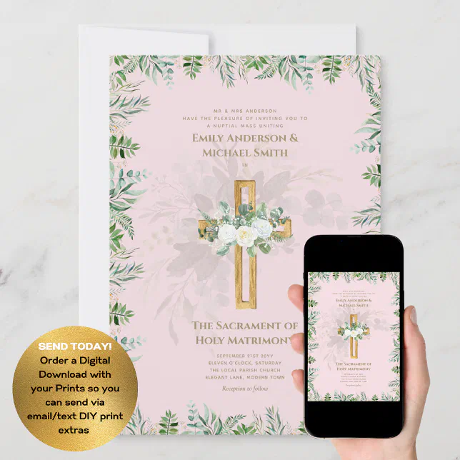 Blush Pink Cross Catholic Nuptial Mass Wedding Invitation | Zazzle