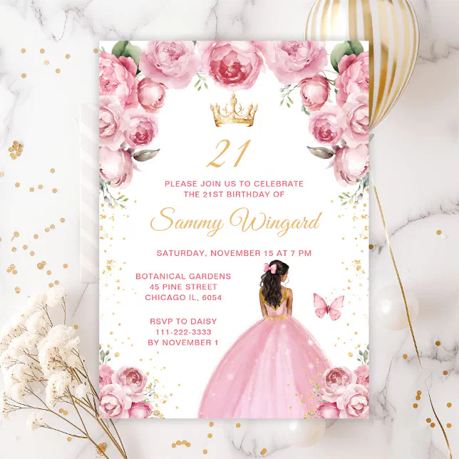 Blush Pink Dark Skin Princess Birthday Party Invitation | Zazzle