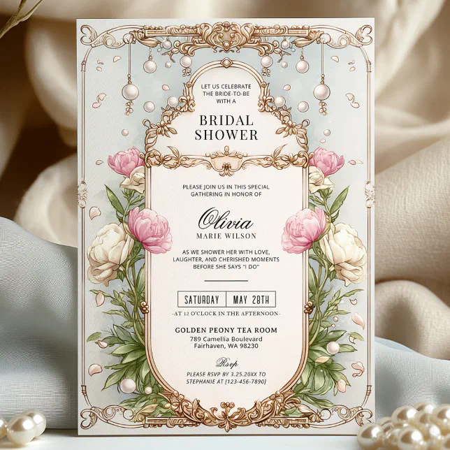 Blush Pink Floral and Greenery Pearl Bridal Shower Invitation | Zazzle