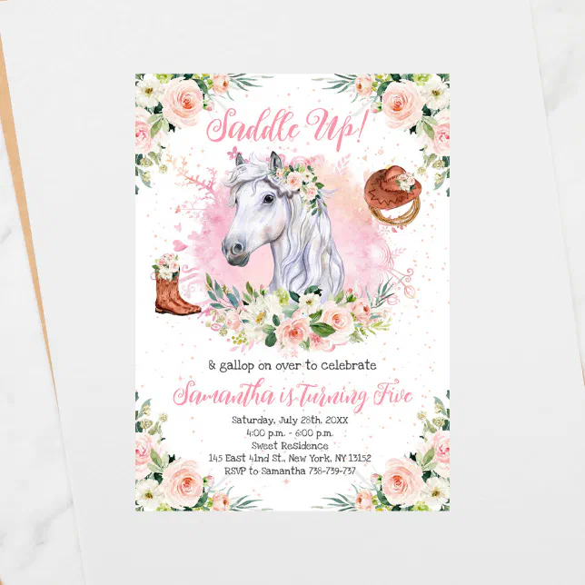 Blush Pink Floral Girl Horse Birthday Party Invitation | Zazzle