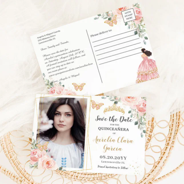 Blush Pink Floral Gold Quinceanera Save the Date Announcement Postcard ...