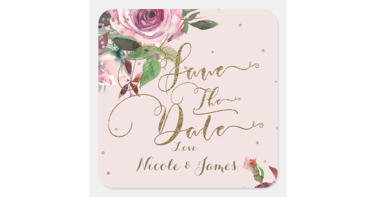 Blush Pink Rose Gold Floral Modern Save the Date Square Sticker | Zazzle