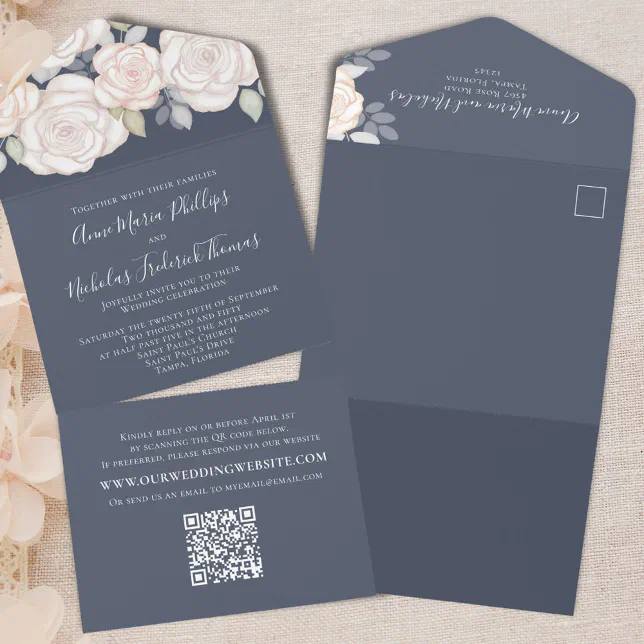 Blush Pink Watercolor Floral Blue Wedding All In One Invitation | Zazzle