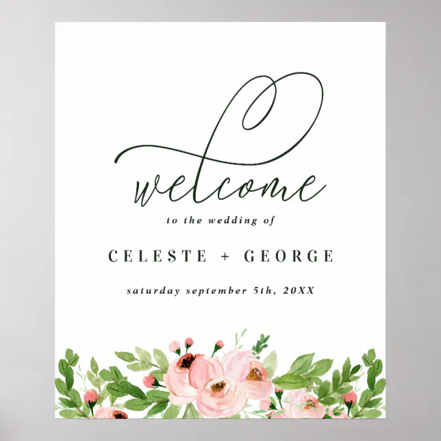 Blush pink watercolor floral wedding welcome poster | Zazzle