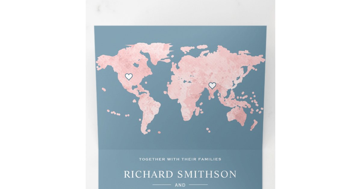 Blush Pink World Map Dusty Blue All in One Wedding Tri-Fold Invitation ...