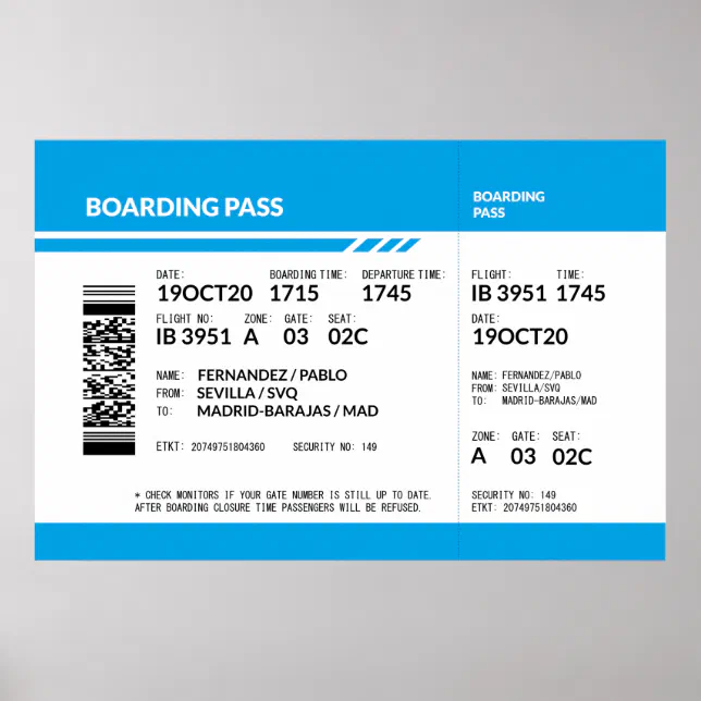 Boarding Pass (blue) Poster | Zazzle