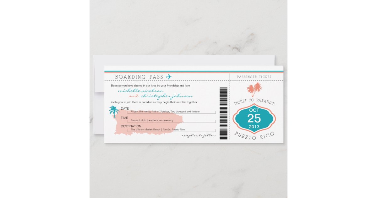 Boarding Pass to Puerto Rico Wedding Invitation | Zazzle