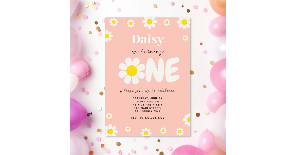 Bohemian Cute Pink Daisy Flowers 1st Birthday Invitation | Zazzle