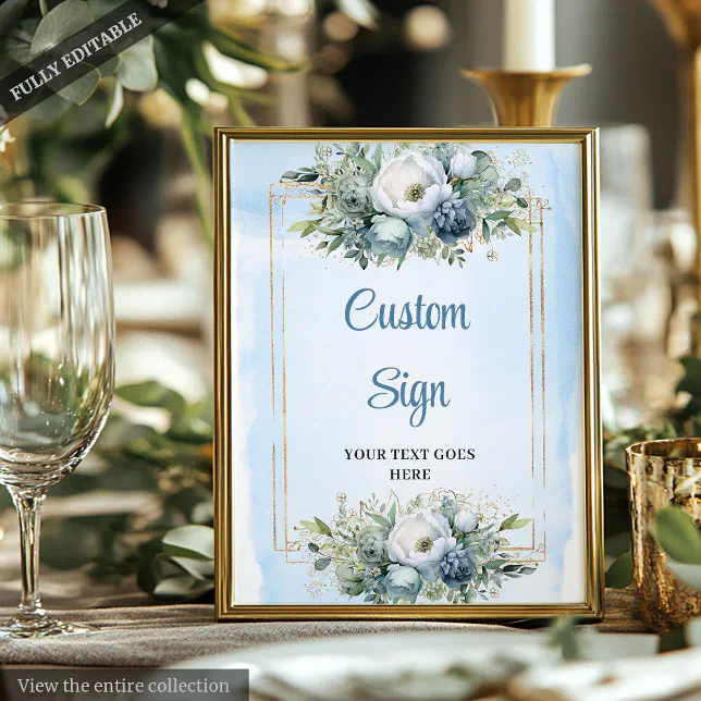 Bohemian Dusty Blue Floral Gold DIY Wedding Sign | Zazzle