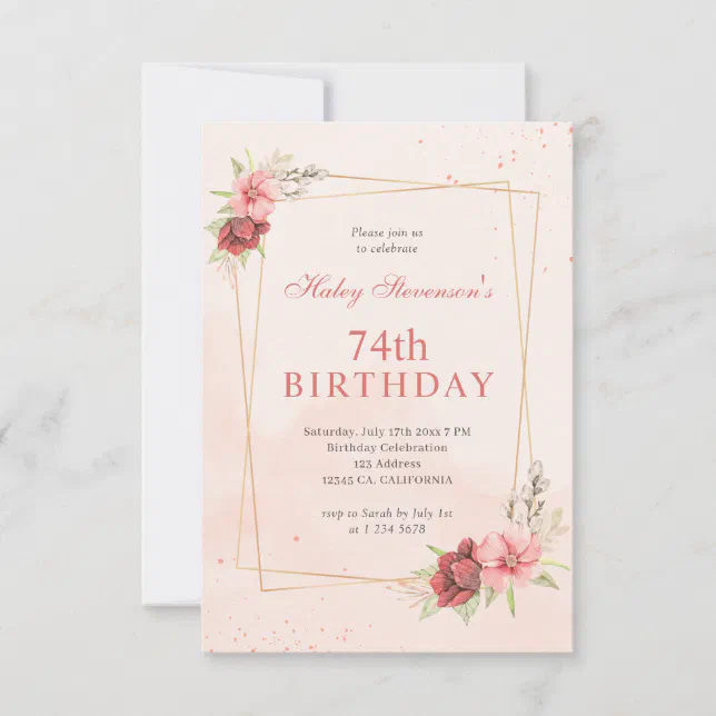 Boho Blush Pink Terracotta Floral 74th Birthday Invitation | Zazzle