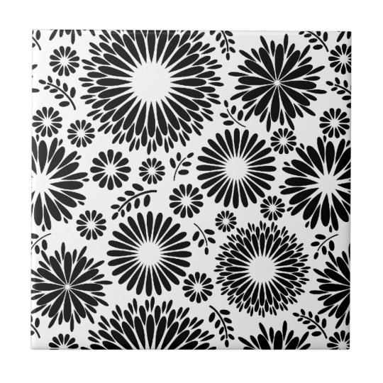 Boho flowers Black and White vector floral pattern Tile | Zazzle.co.uk